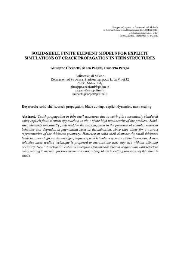 Pdf Solid Shell Finite Element Models For Explicit Simulations Of Crack Propagation In Thin