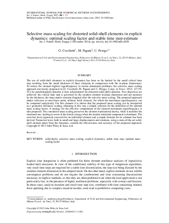 Pdf Selective Mass Scaling For Distorted Solid Shell Elements In Explicit Dynamics Optimal