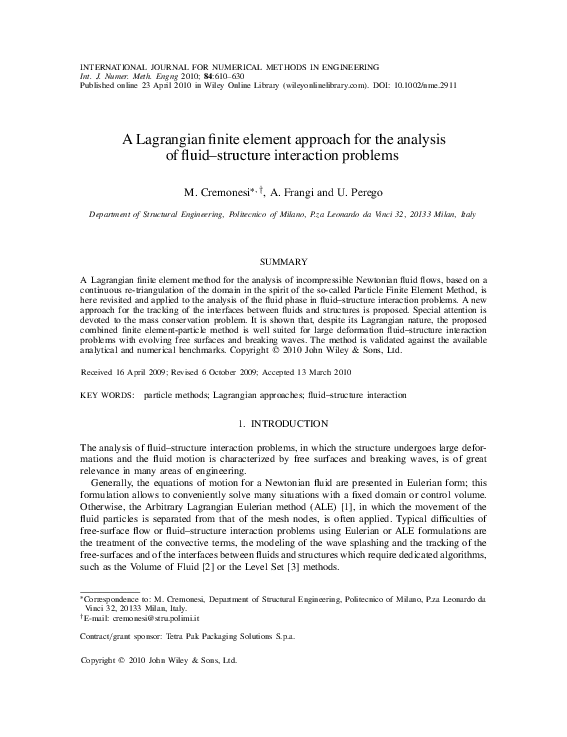 (PDF) A Lagrangian finite element approach for the analysis of fluid-structure interaction problems