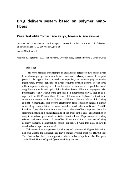 (PDF) Drug delivery system based on polymer nanofibers