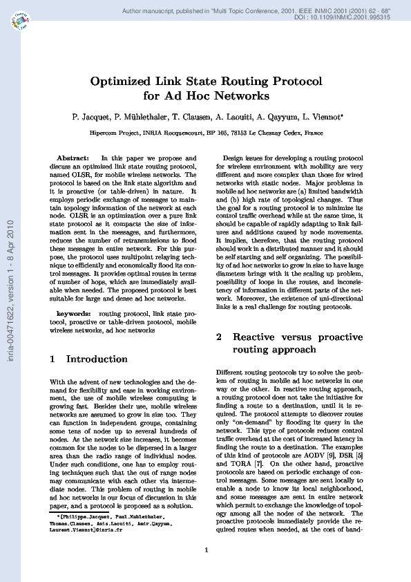 Pdf Optimized Link State Routing Protocol For Ad Hoc Networks