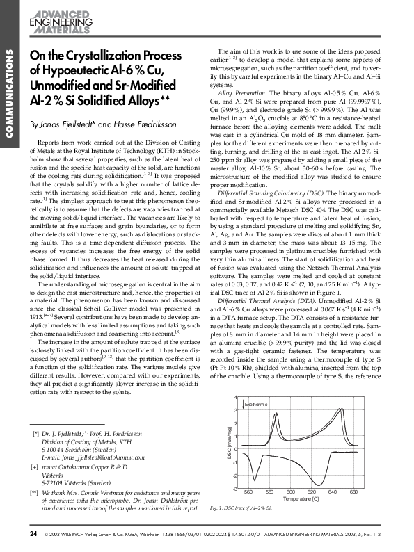 (PDF) On the Crystallization Process of Hypoeutectic Al-6 % Cu,Unmodified and Sr-Modified Al-2 % ...