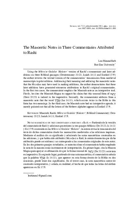 (PDF) The Masoretic Notes in Three Commentaries Attributed to Rashi