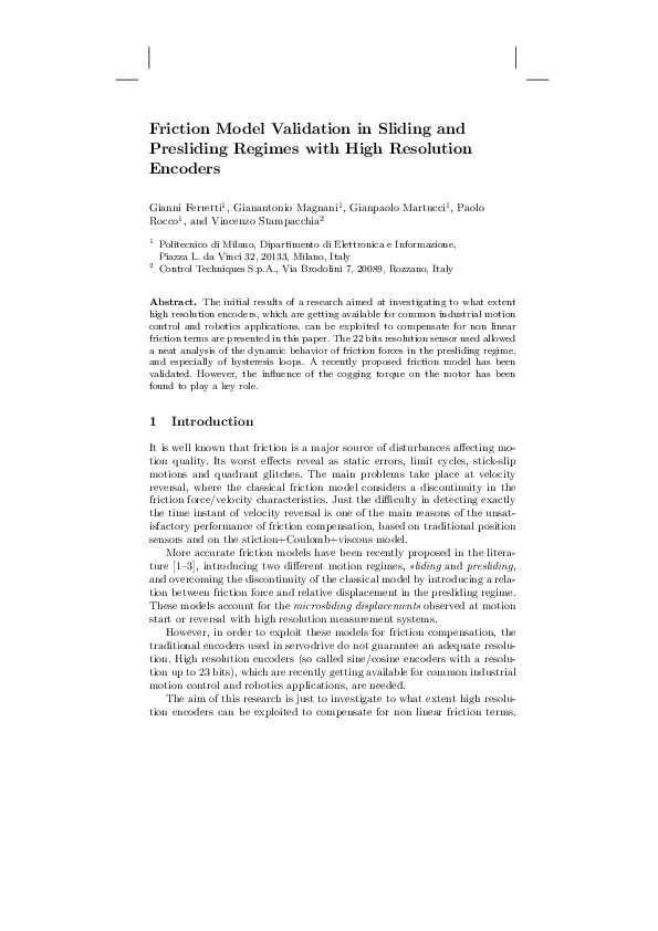 Pdf Friction Model Validation In Sliding And Presliding Regimes With High Resolution Encoders