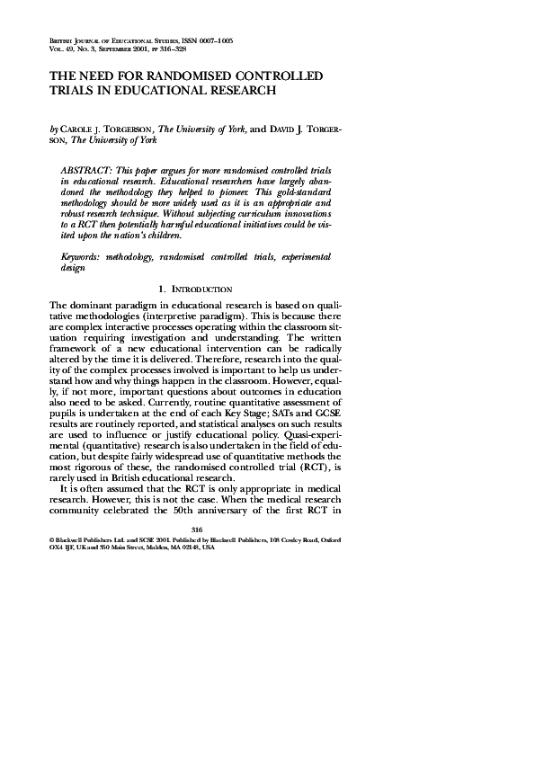 (PDF) The Need for Randomised Controlled Trials in Educational Research