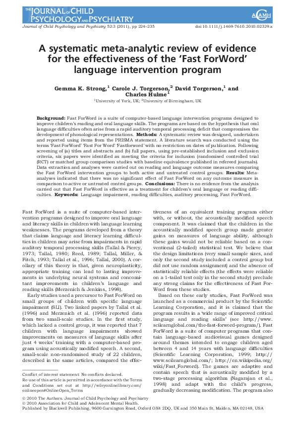 (PDF) A systematic meta-analytic review of evidence for the effectiveness of the ‘Fast ForWord ...