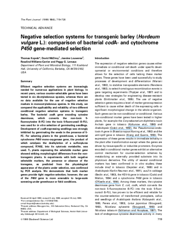 (PDF) Negative selection systems for transgenic barley (Hordeum vulgare ...