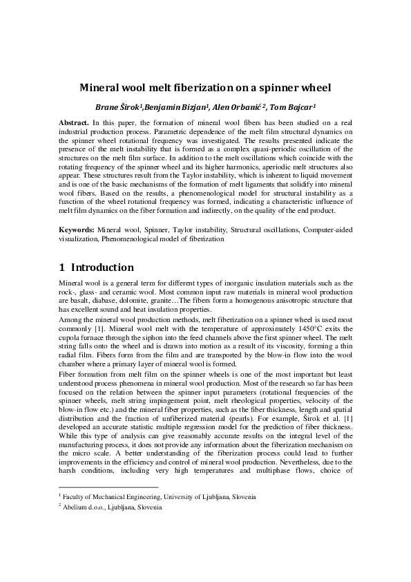(PDF) Mineral wool melt fiberization on a spinner wheel