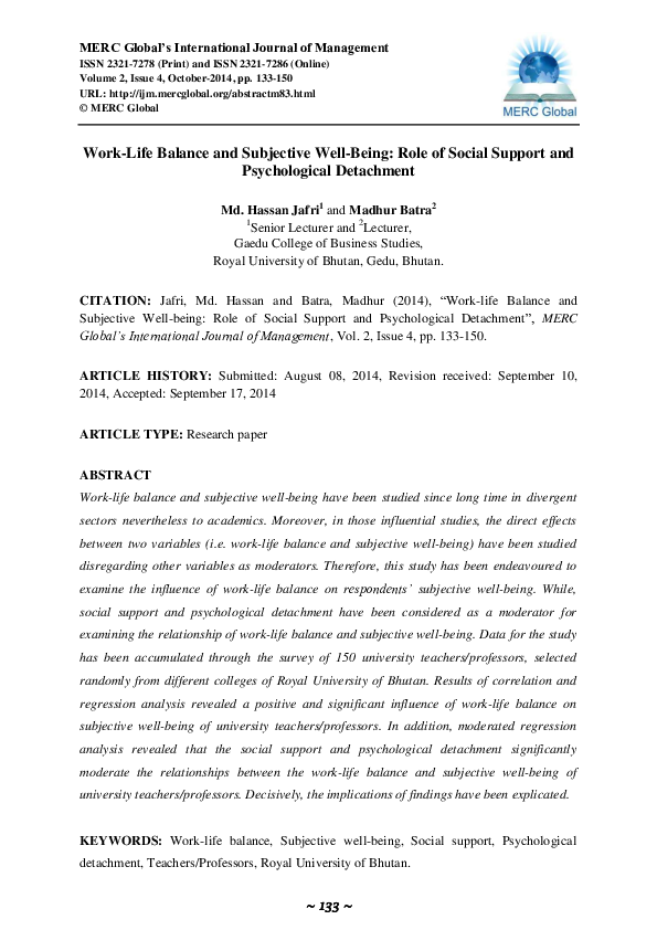 (PDF) Work-Life Balance and Subjective Well-Being: Role of Social Support and Psychological ...