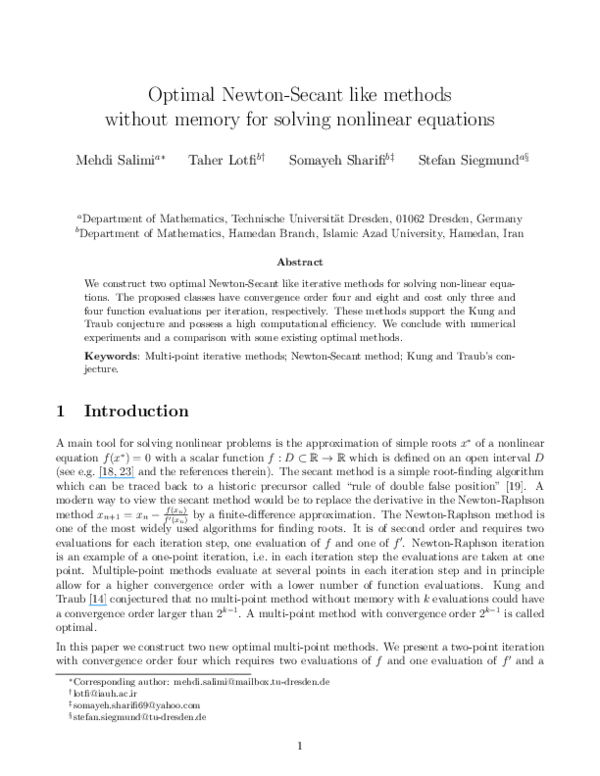 Pdf Optimal Newton Secant Like Methods Without Memory For Solving