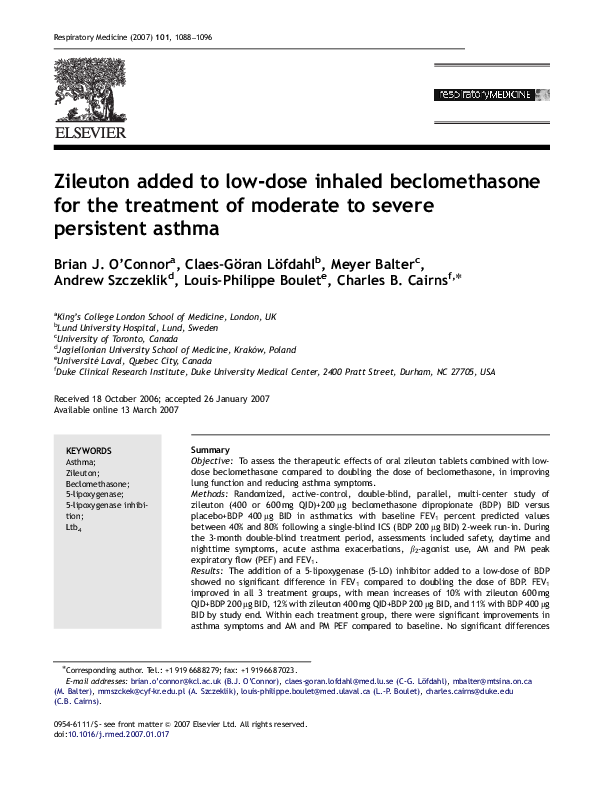 (PDF) Zileuton added to low-dose inhaled beclomethasone for the ...