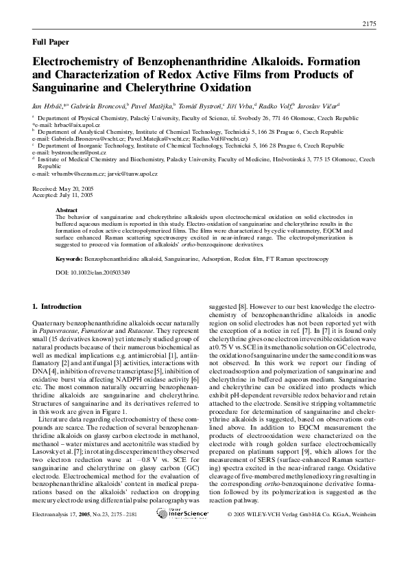 (PDF) Electrochemistry of Benzophenanthridine Alkaloids. Formation and ...