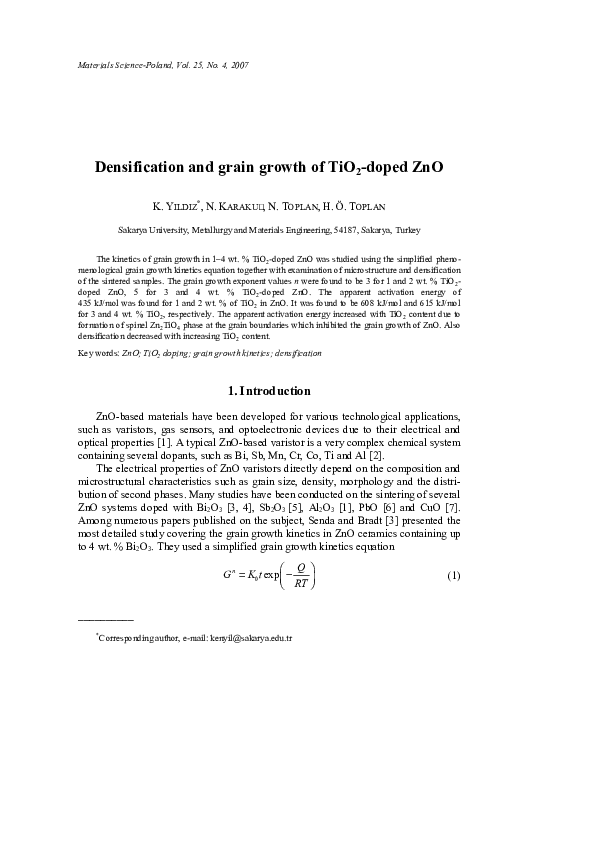 (PDF) Densification and grain growth of SiO2-doped ZnO
