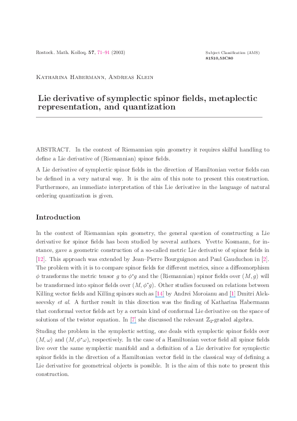 (PDF) Lie derivative of symplectic spinor fields, metaplectic ...