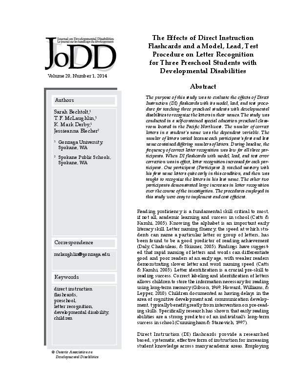 The Effects of Direct Instruction Flashcards and a Model, Lead, Test ...