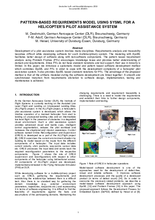 (PDF) Pattern-based Requirements Model Using SysML for a Helicopter's Pilot Assistance System