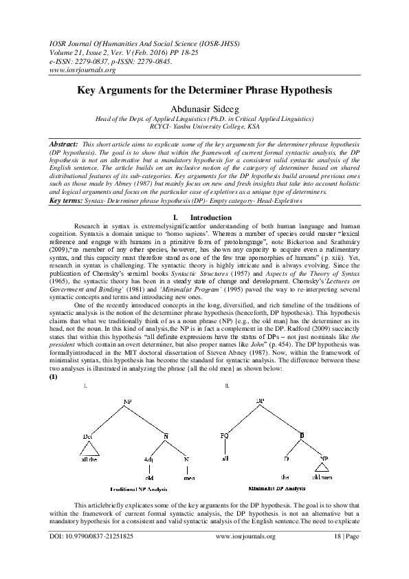 (PDF) Key Arguments for the Determiner Phrase Hypothesis