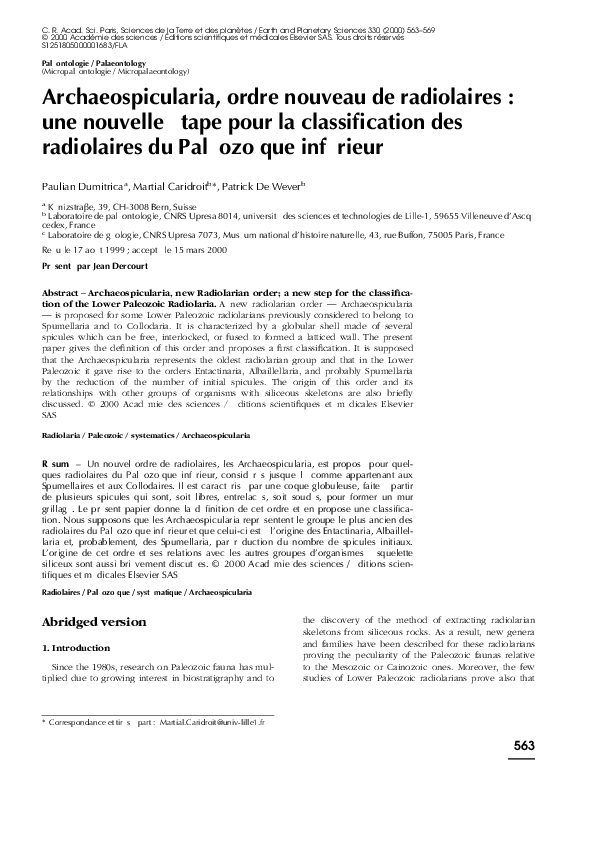 (PDF) Archaeospicularia, new Radiolarian order; a new step for the ...