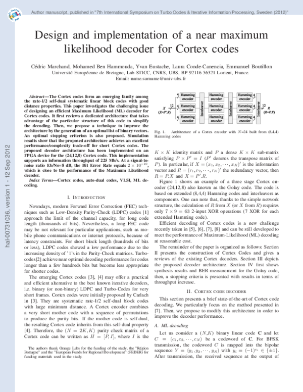 Pdf Design And Implementation Of A Near Maximum Likelihood Decoder For Cortex Codes Laura