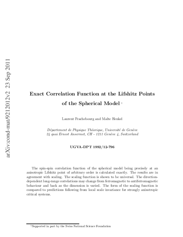 (PDF) Exact correlation function at the Lifshitz points of the spherical model