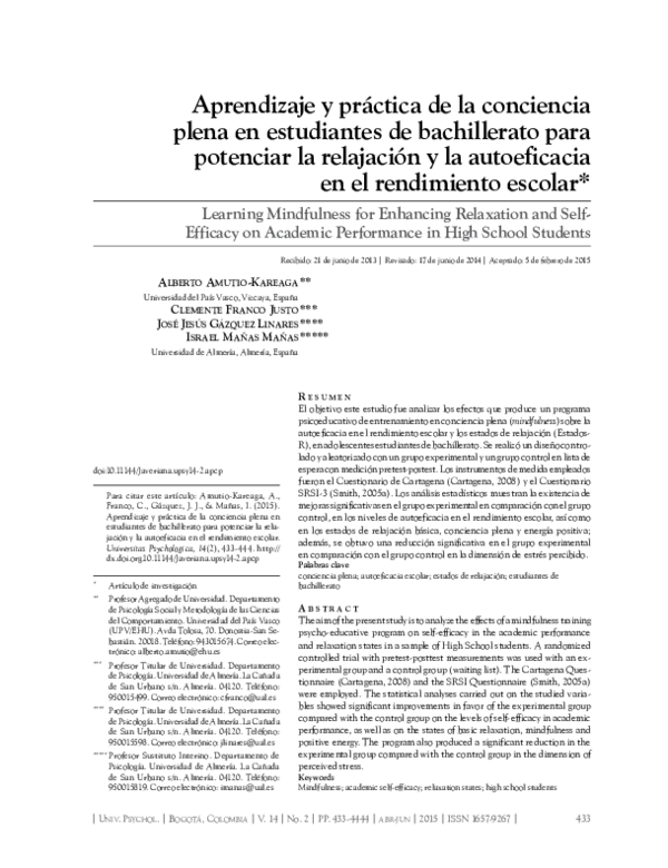 (PDF) Aprendizaje y práctica de la conciencia plena en estudiantes de ...