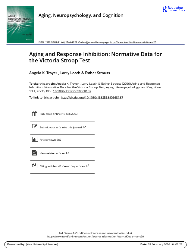 (PDF) Aging and Response Inhibition: Normative Data for the Victoria ...