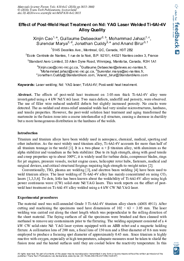 (PDF) Effect of Post-Weld Heat Treatment on Nd: YAG Laser Welded Ti-6Al-4V Alloy Quality