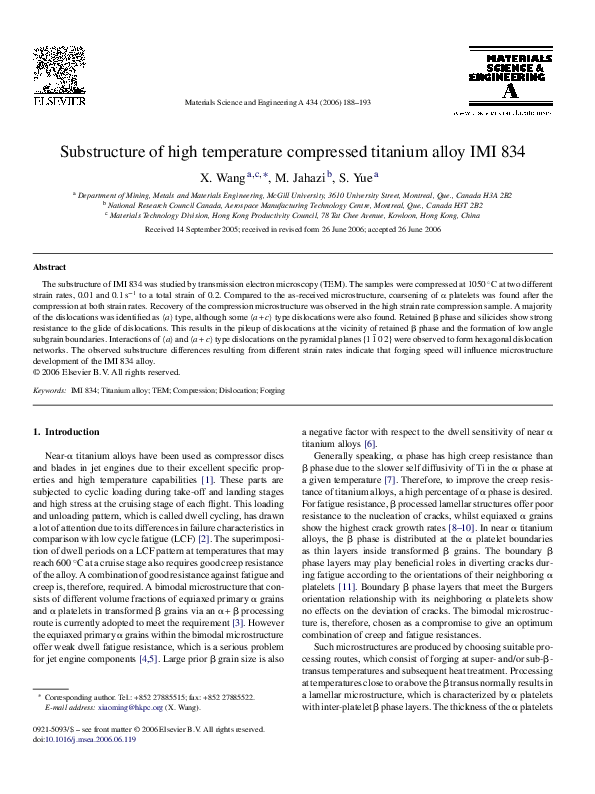 (PDF) Substructure of high temperature compressed titanium alloy IMI 834