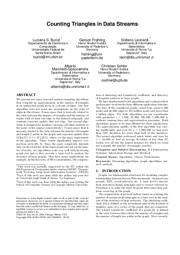 (PDF) Counting triangles in data streams