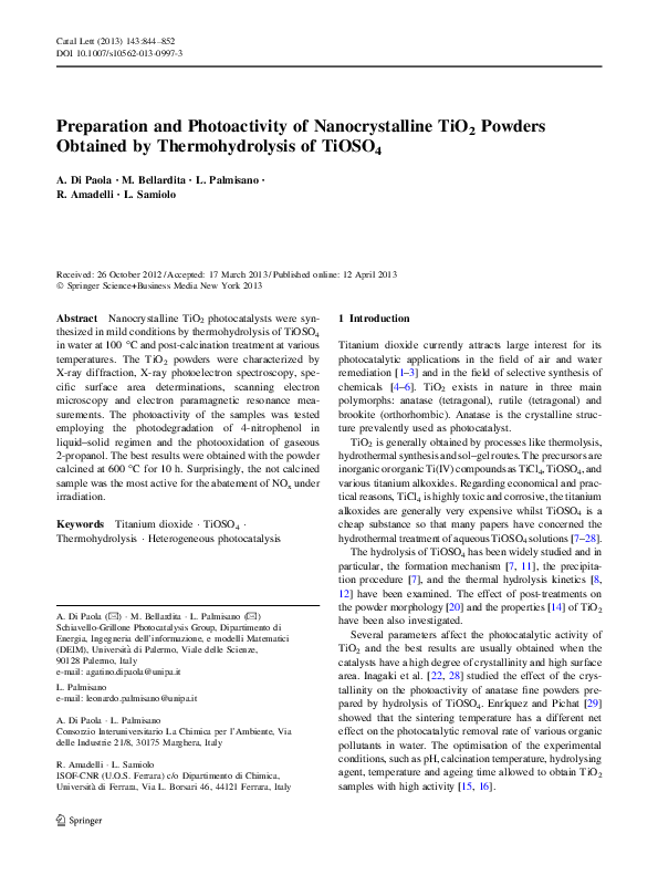 (PDF) Preparation and Photoactivity of Nanocrystalline TiO2 Powders ...