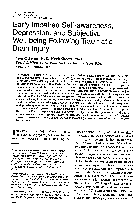 (PDF) Early Impaired Self-awareness, Depression, and Subjective Well ...