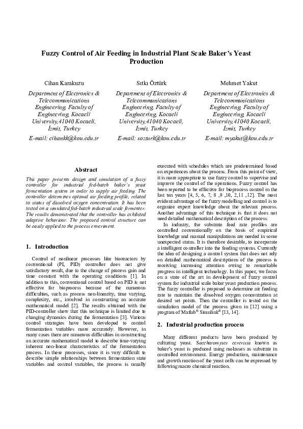 (PDF) Fuzzy Control of Air Feeding in Industrial Plant Scale Baker's Yeast Production