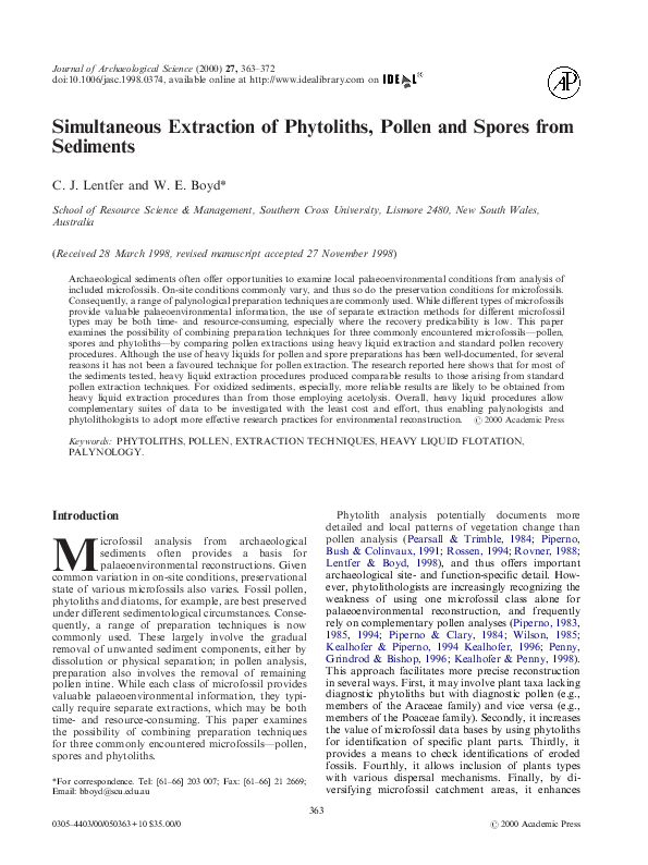 (PDF) Simultaneous Extraction of Phytoliths, Pollen and Spores from ...