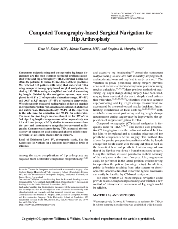 (PDF) Computed tomography-based surgical navigation for hip arthroplasty