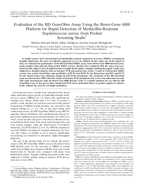 Pdf Evaluation Of The Bd Geneohm Assay Using The Rotor Gene 6000 Platform For Rapid Detection