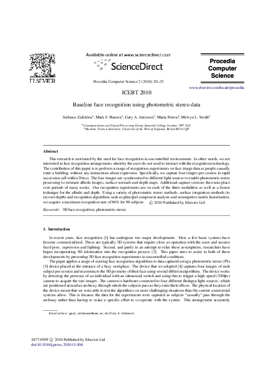 Pdf Baseline Face Recognition Using Photometric Stereo Data