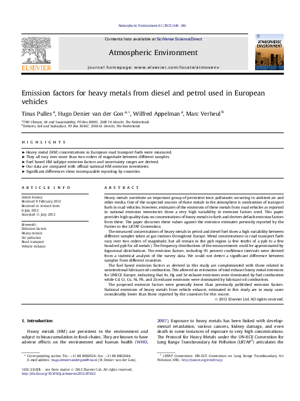 (PDF) Emission factors for heavy metals from diesel and petrol used in ...