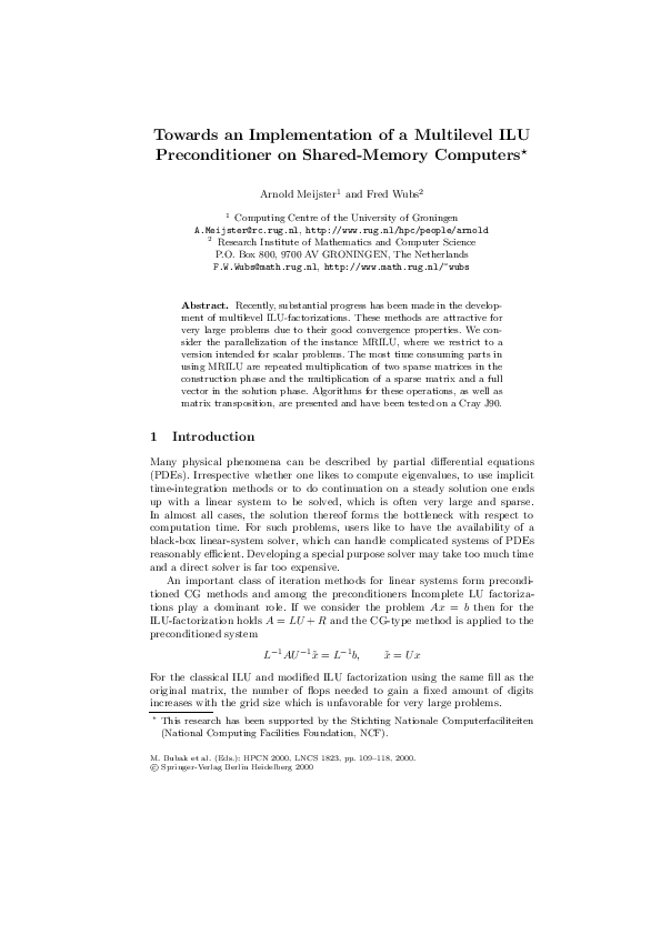 (PDF) Towards an Implementation of a Multilevel ILU Preconditioner on Shared-Memory Computers