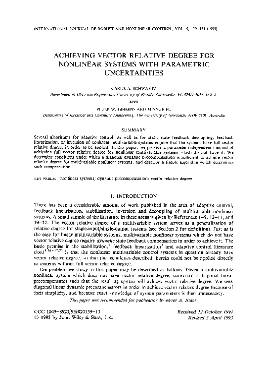 (PDF) Achieving vector relative degree for nonlinear systems with parametric uncertainties