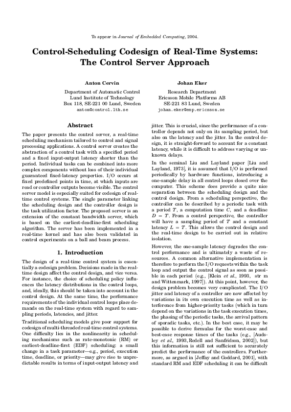 (PDF) Control-scheduling codesign of real-time systems: The control server approach
