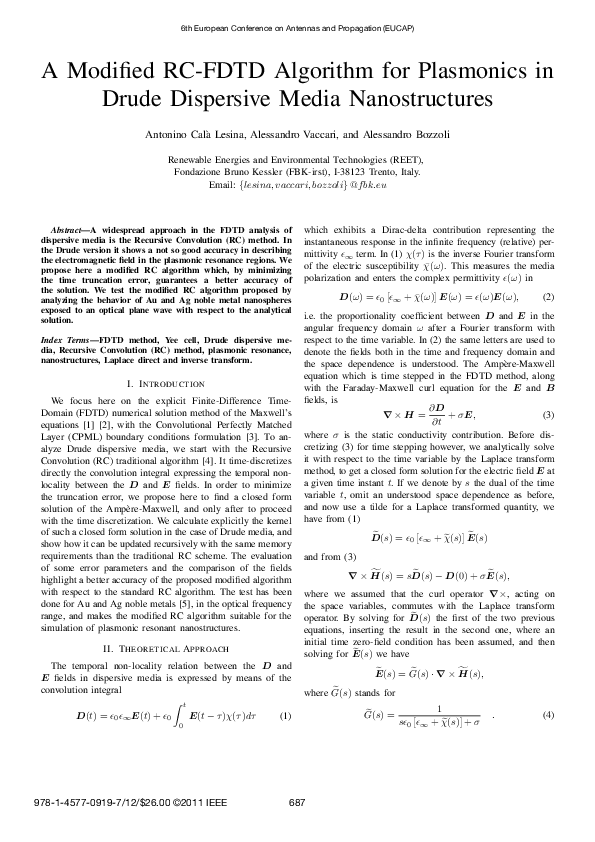 (PDF) A modified RC-FDTD algorithm for plasmonics in Drude dispersive media nanostructures