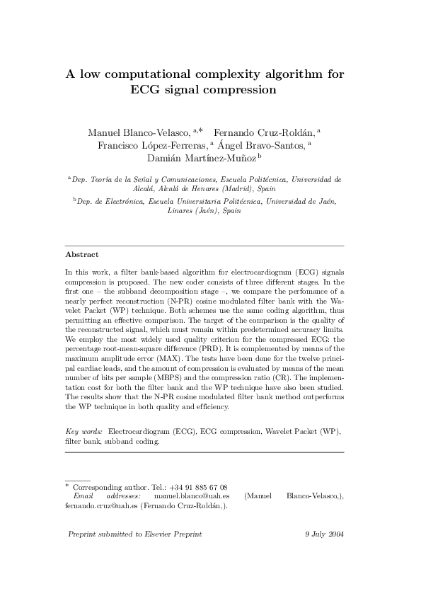Pdf A Low Computational Complexity Algorithm For Ecg Signal Compression
