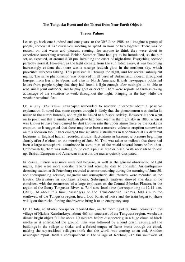 (PDF) The Tunguska Event and the Threat from Near-Earth Objects ...