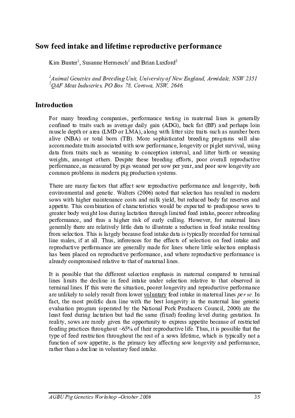 (PDF) Sow feed intake and lifetime reproductive performance