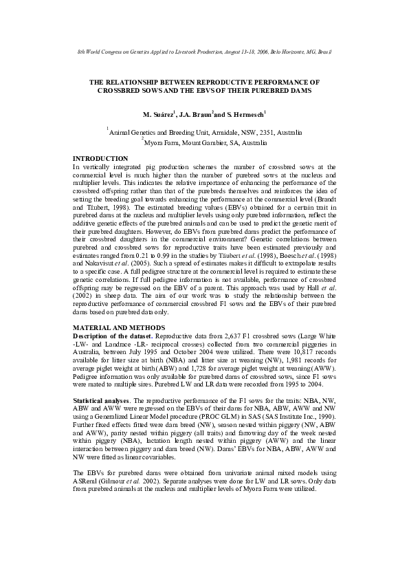 (PDF) The relationship between reproductive performance of crossbred sows and the EBVs of their ...