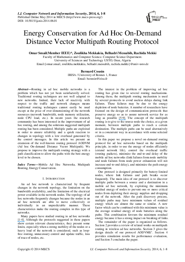 Pdf Energy Conservation For Ad Hoc On Demand Distance Vector