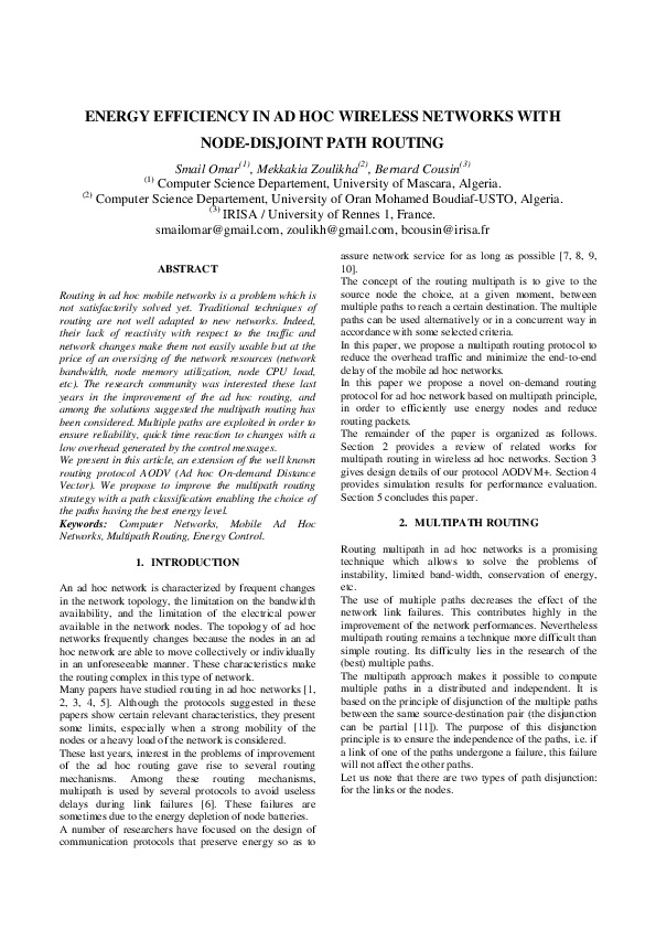 Pdf Energy Efficiency In Ad Hoc Wireless Networks With Node Disjoint Path Routing