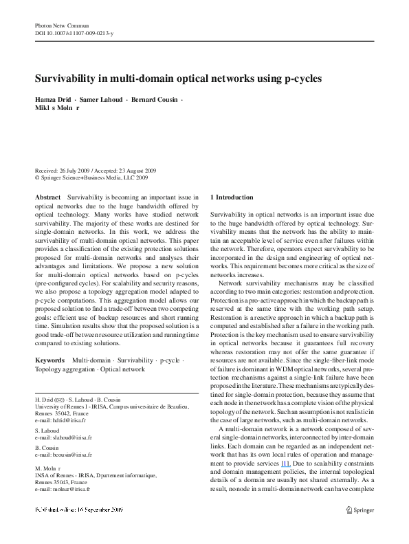 (PDF) Link and Node Protection using Hamiltonian p-Cycles found by Ant-like Agents | Bjarne E ...