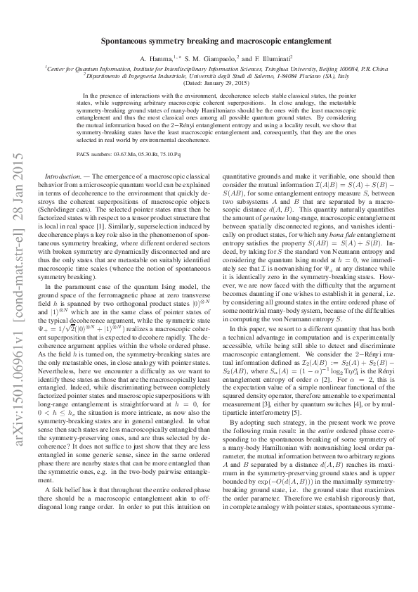 (PDF) Spontaneous symmetry breaking and macroscopic entanglement