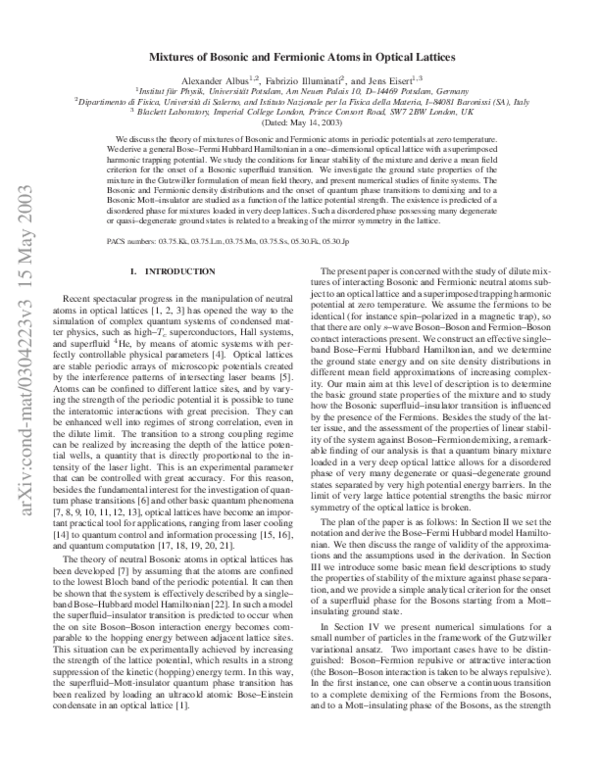(PDF) Mixtures of bosonic and fermionic atoms in optical lattices